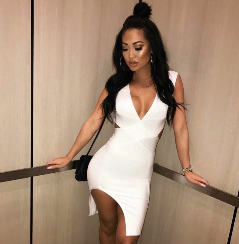 White Sleeveless 2018 New Backless Deep V Neck Sexy Women Knee Length
